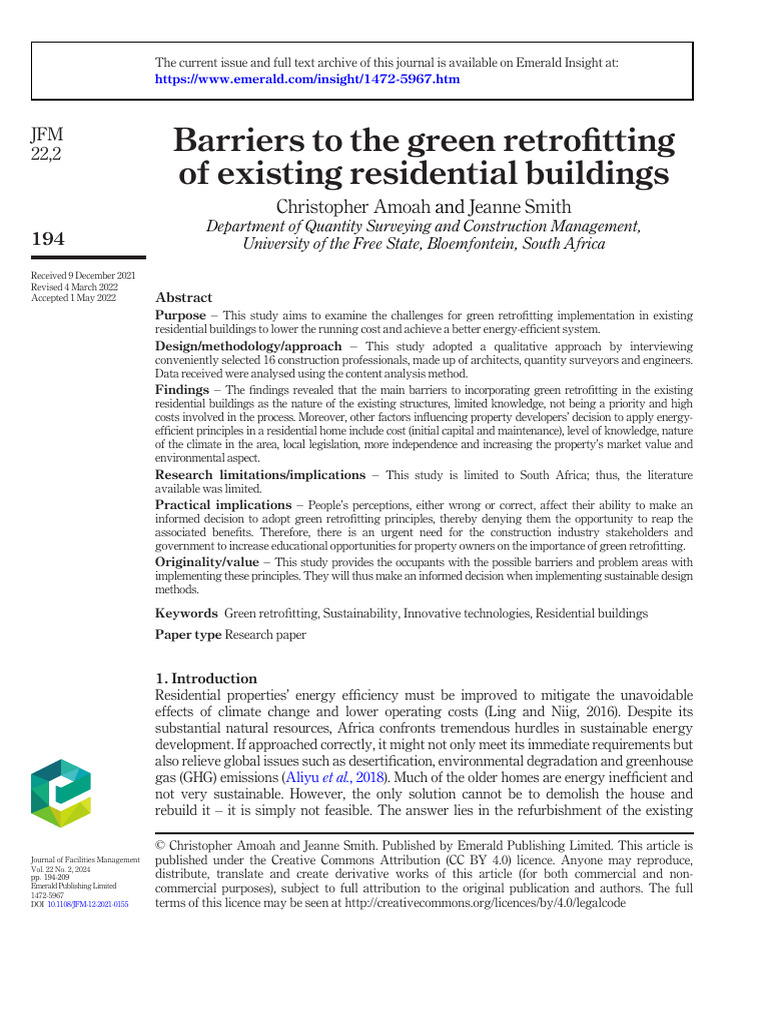 Barriers to the green retrofitting of existing residential buildings ...