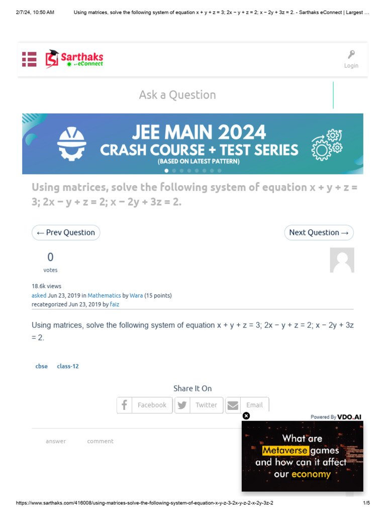 Using Matrices, Solve The Following System of Equation X + y + Z 3 2x y ... Using Matrices, Solve The Following System of Equation X + y + Z 3 2x y ...