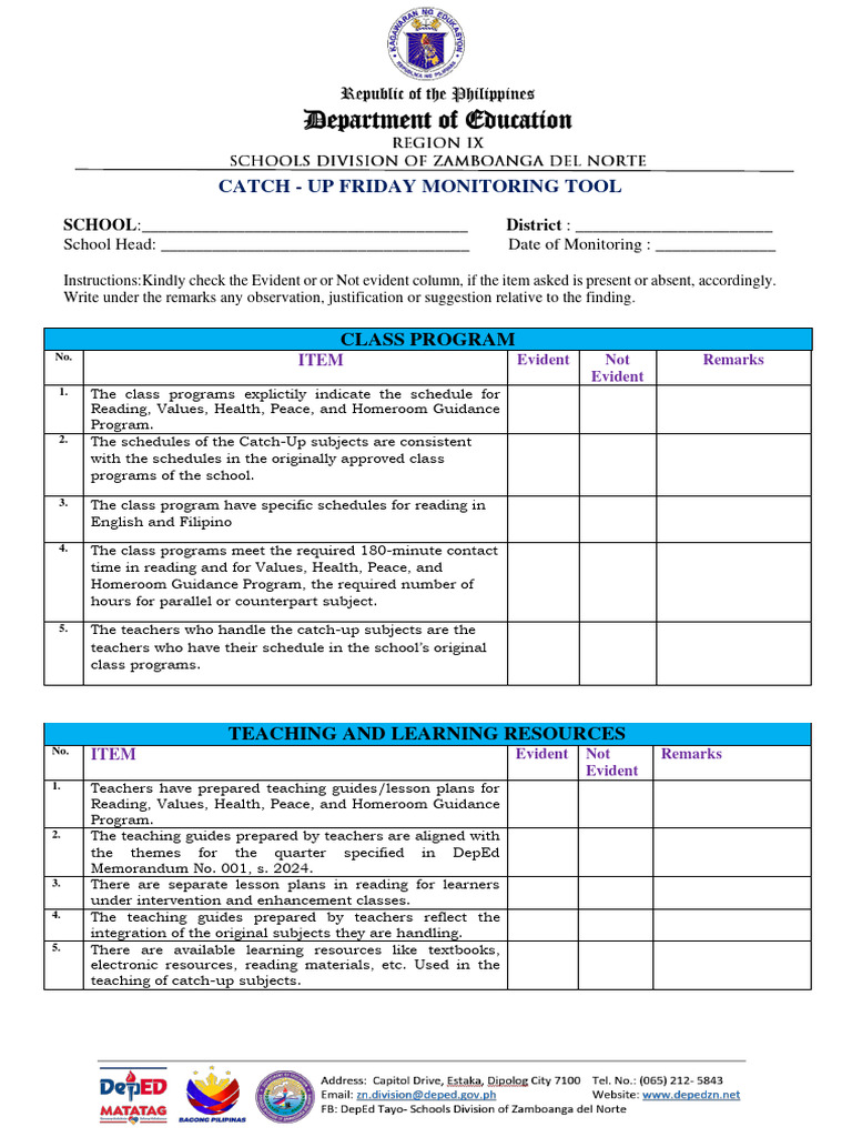 Catch-Up Friday Monitoring Tool Guide | PDF | Teachers | Learning