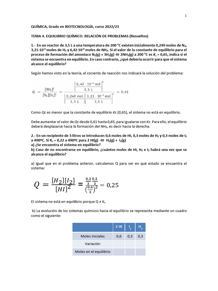 Tema_4_Equilibrio_Problemas_Resueltos_2223 | PDF | Equilibrio químico | Amoníaco
