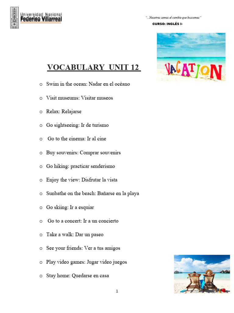 Vocabulary 12 Vacations | PDF | Hogar, jardinería y bricolaje
