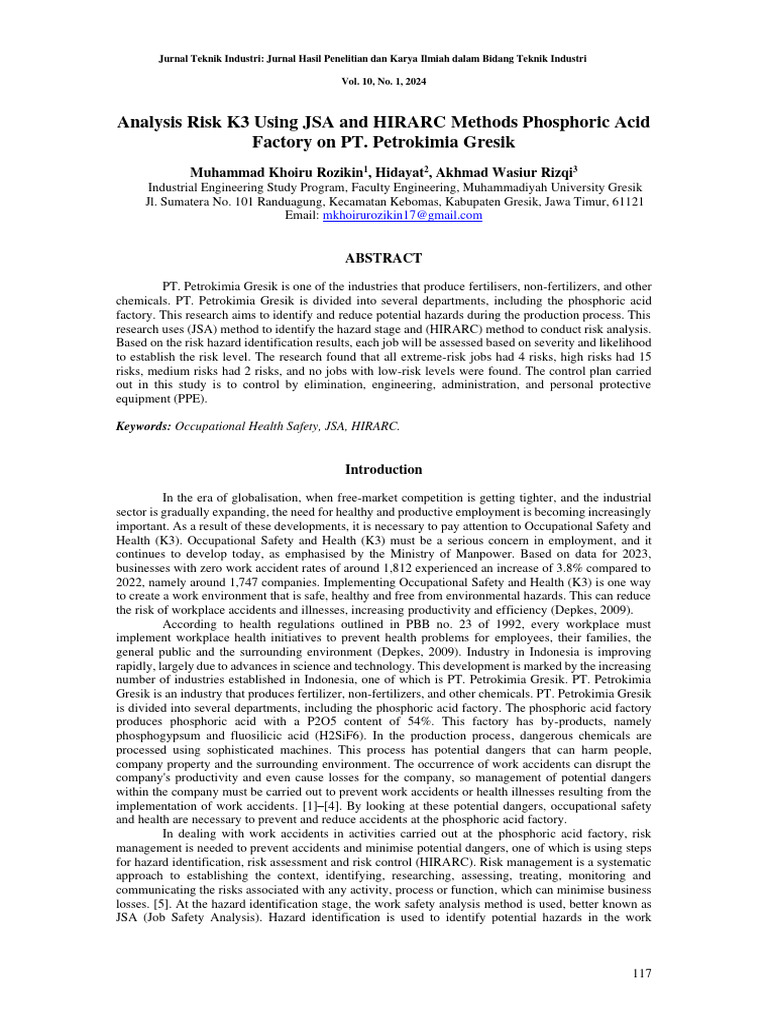 Analysis Risk K3 Using JSA and HIRARC Methods Phos | PDF | Risk | Risk Assessment