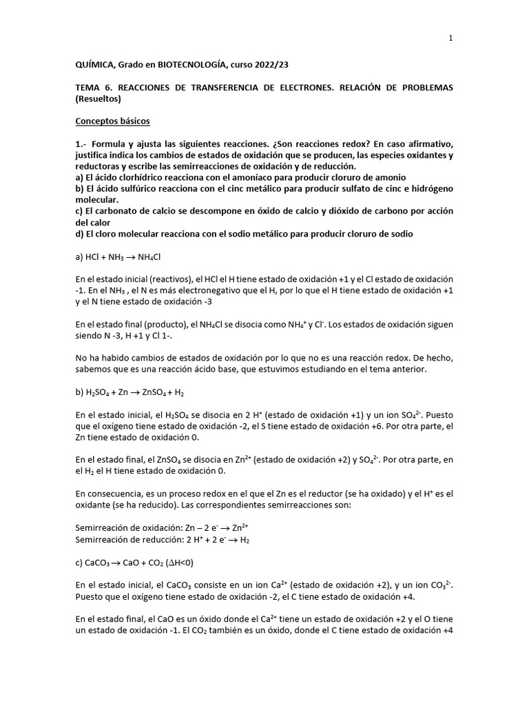 Tema 6 Redox Problemas Resueltos 2223 | PDF | Redox | Ácido