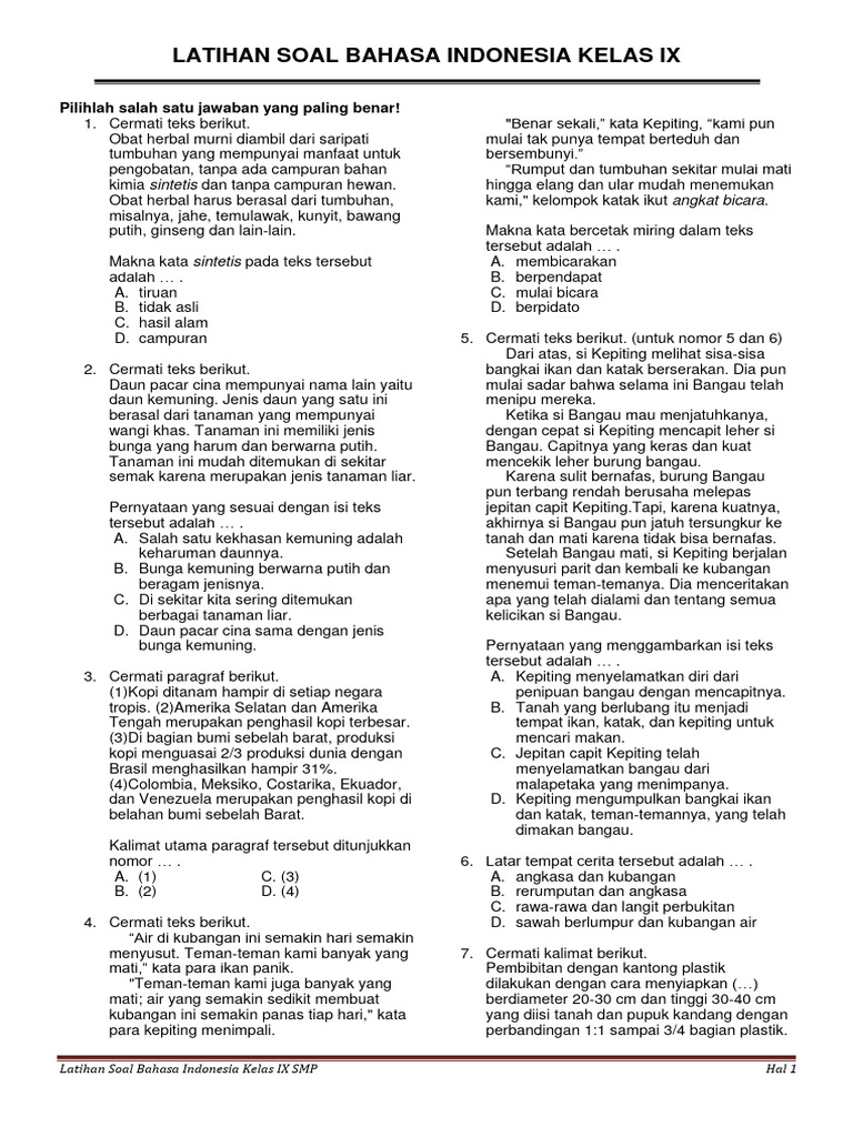 Latihan Soal Bahasa Indonesia Kelas IX SMP | PDF