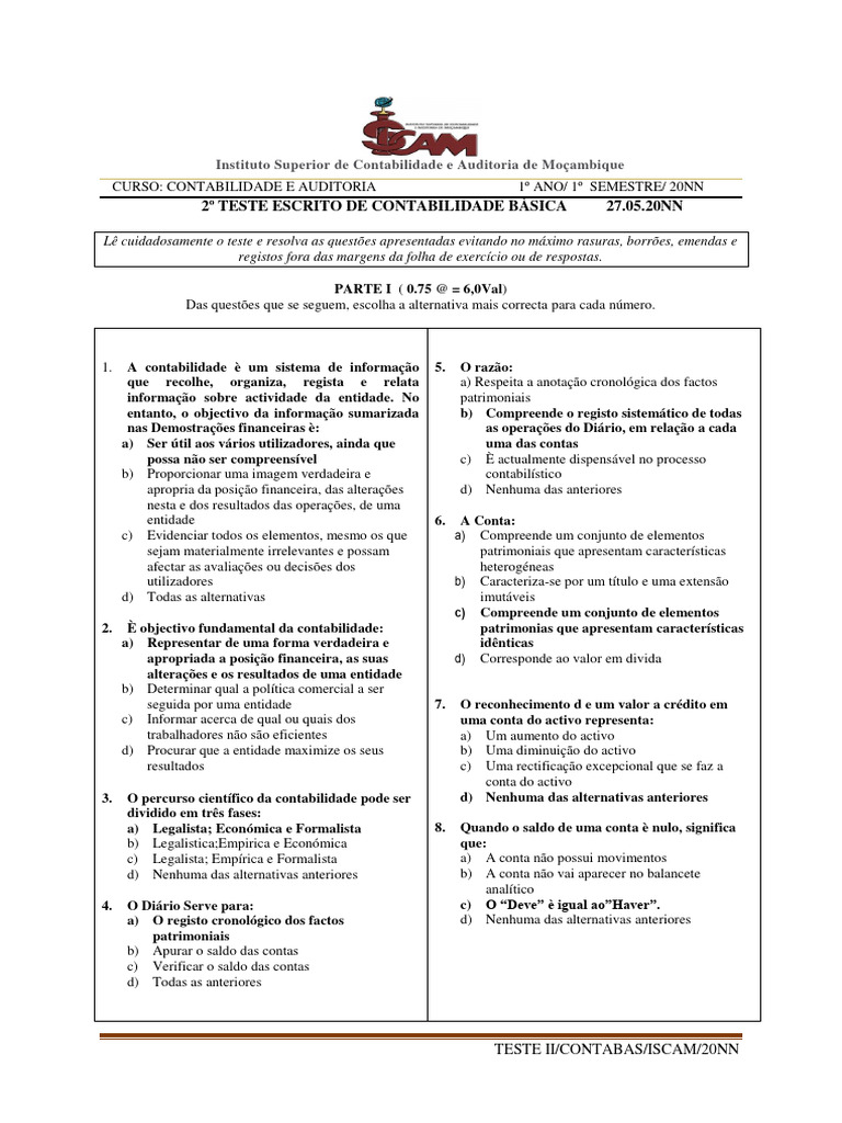 Teste de Contabilidade Básica 20NN | PDF | Contabilidade | Cheque (banco)