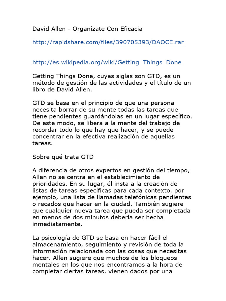 David Allen Organizate Con Eficacia | PDF | Sicología | Habilidades profesionales
