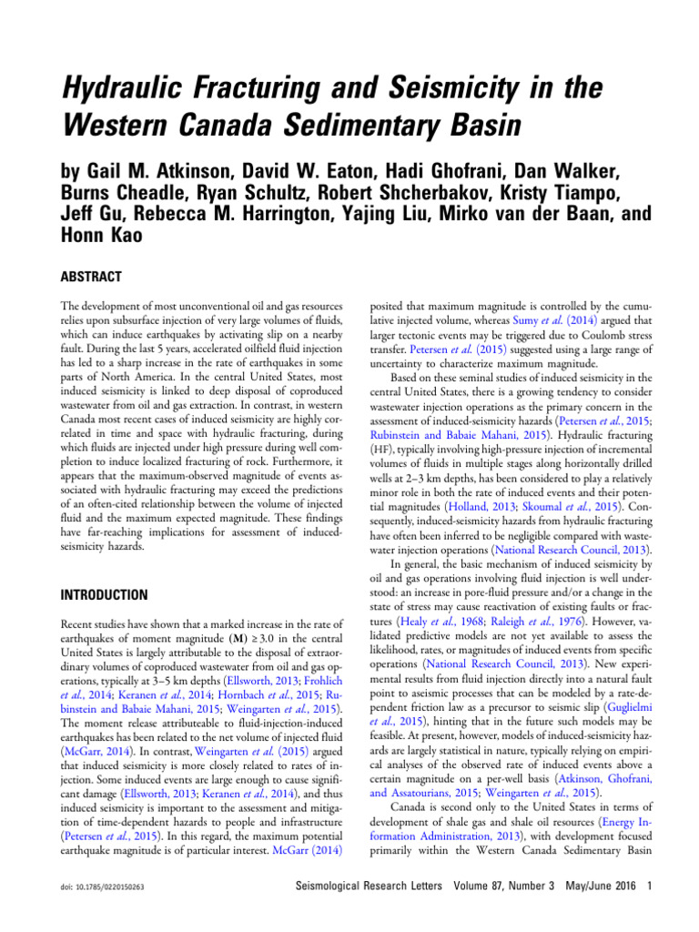 Hydraulic Fracturing and Seismicity in The Western Canada Sedimentary ...