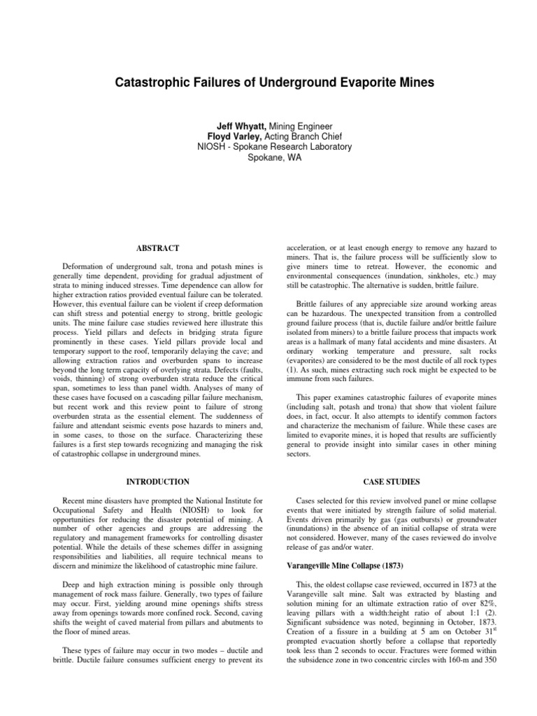 Catastrophic Failures of Underground Evaporite Mines | PDF | Mining ...