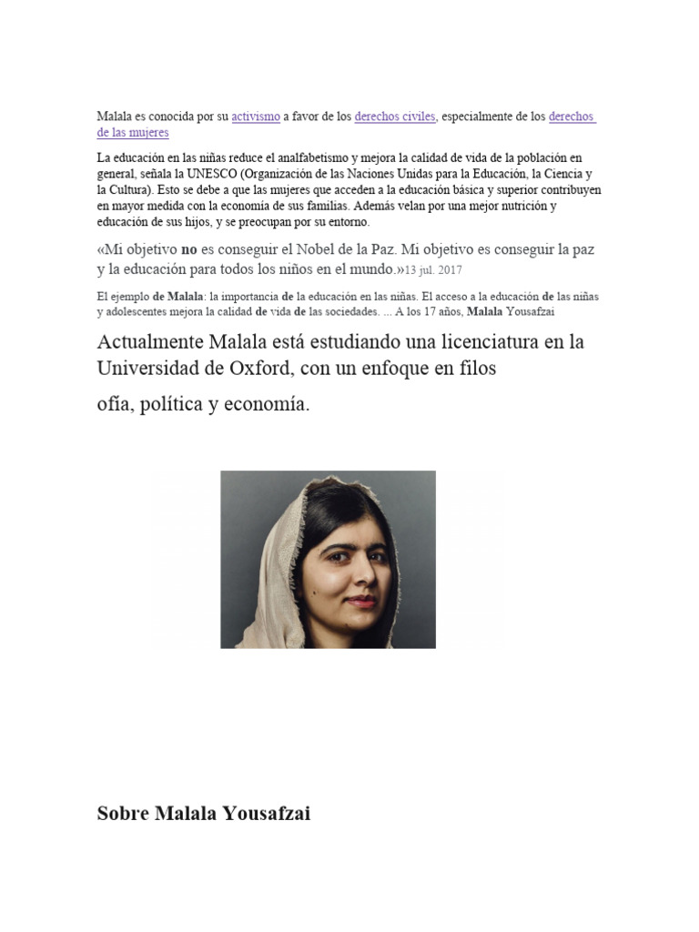 Malala: Educación y Derechos de Niñas | PDF | Malala Yousafzai