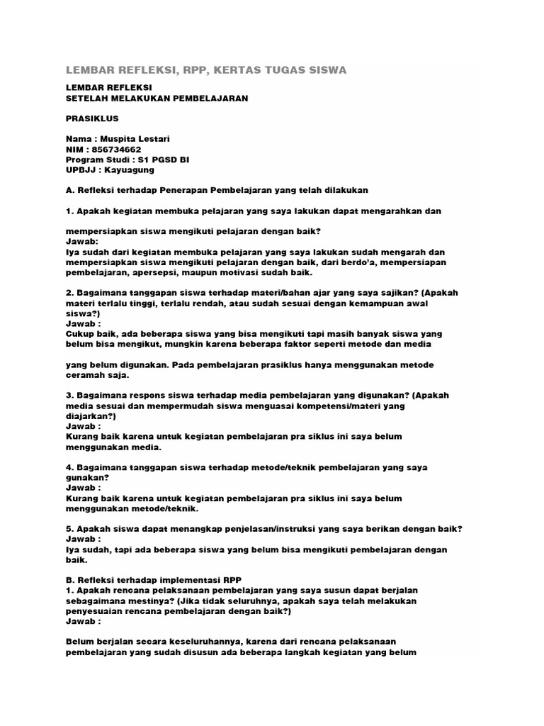 Contoh LEMBAR REFLEKSI | PDF