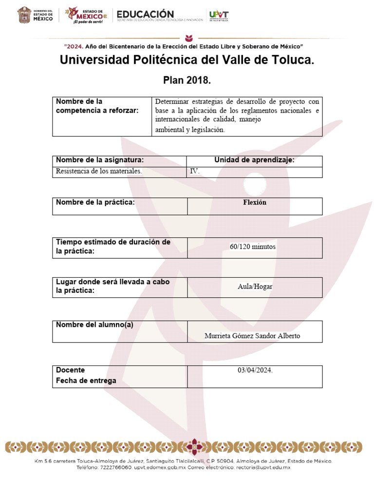 U4 FORMATO DE PRÁCTICA - Flexion | PDF | Viga (Estructura) | Resistencia de materiales