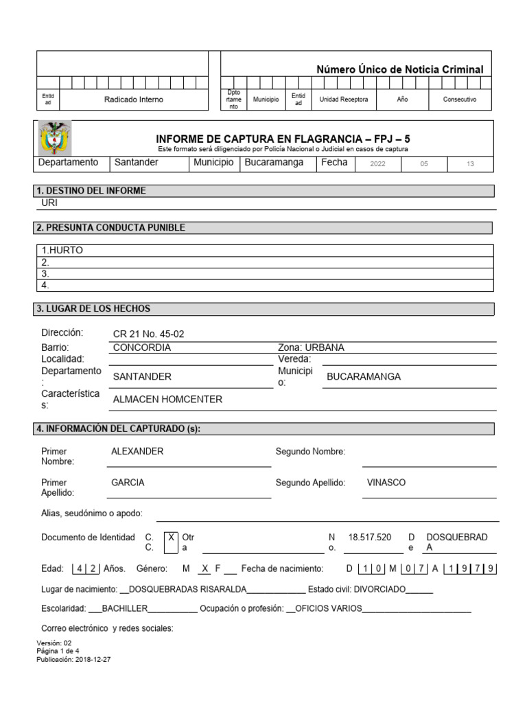 Captura por Hurto en Homecenter Bucaramanga | PDF