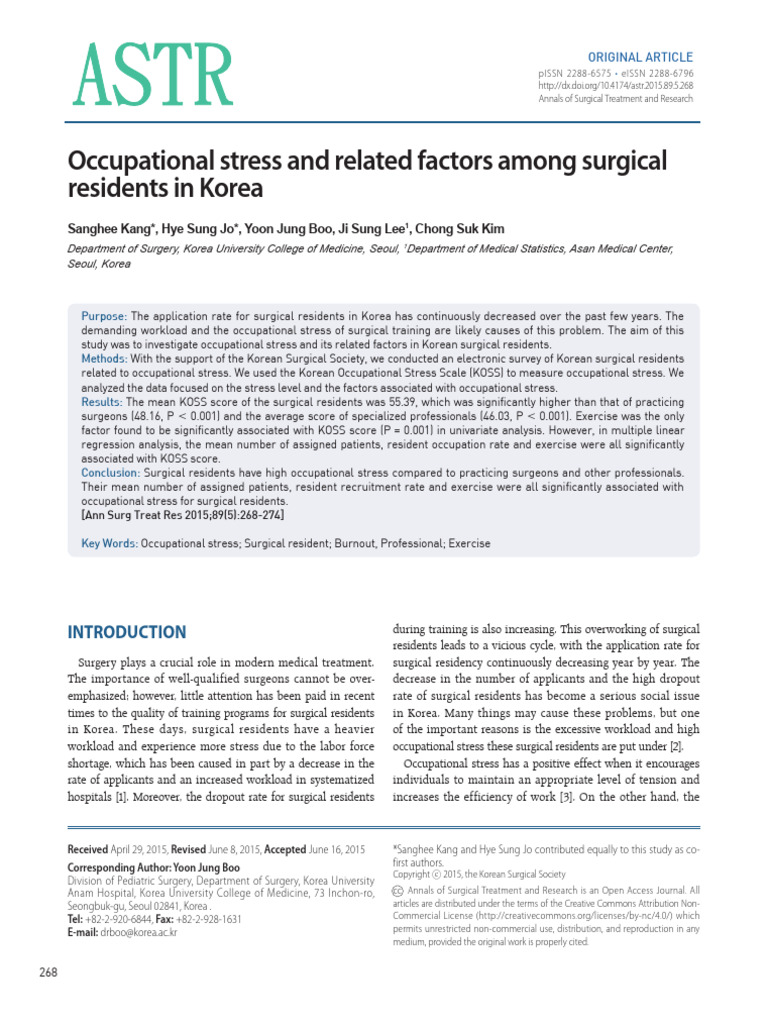 Occupational Stress and Related Factors Among Surgical Residents in ...