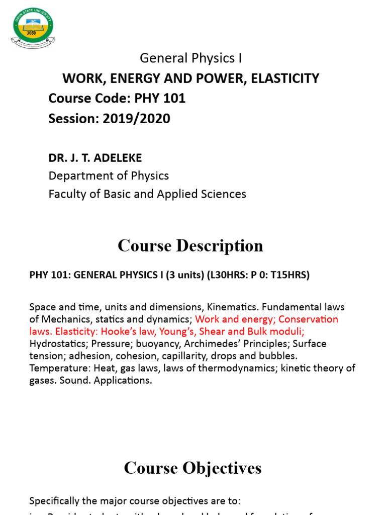 PHY 101 Work, Energy and Power | PDF | Young's Modulus | Stress (Mechanics)