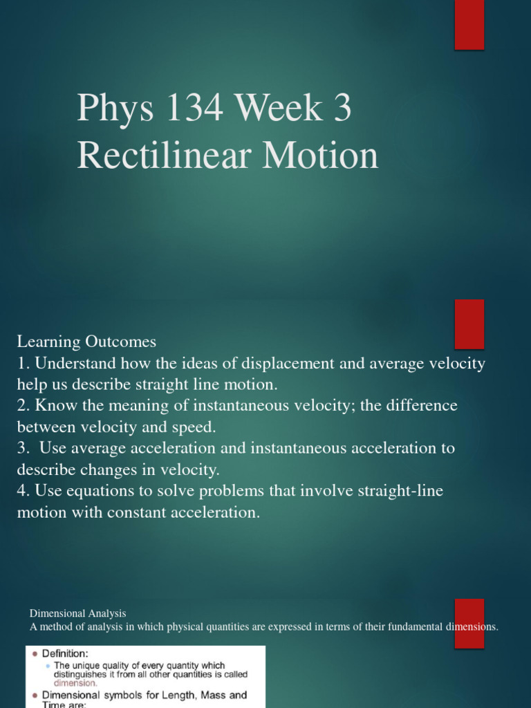 Phys 134 SY 2022 2023 Week 3 Rectilinear Motion | PDF | Acceleration | Velocity