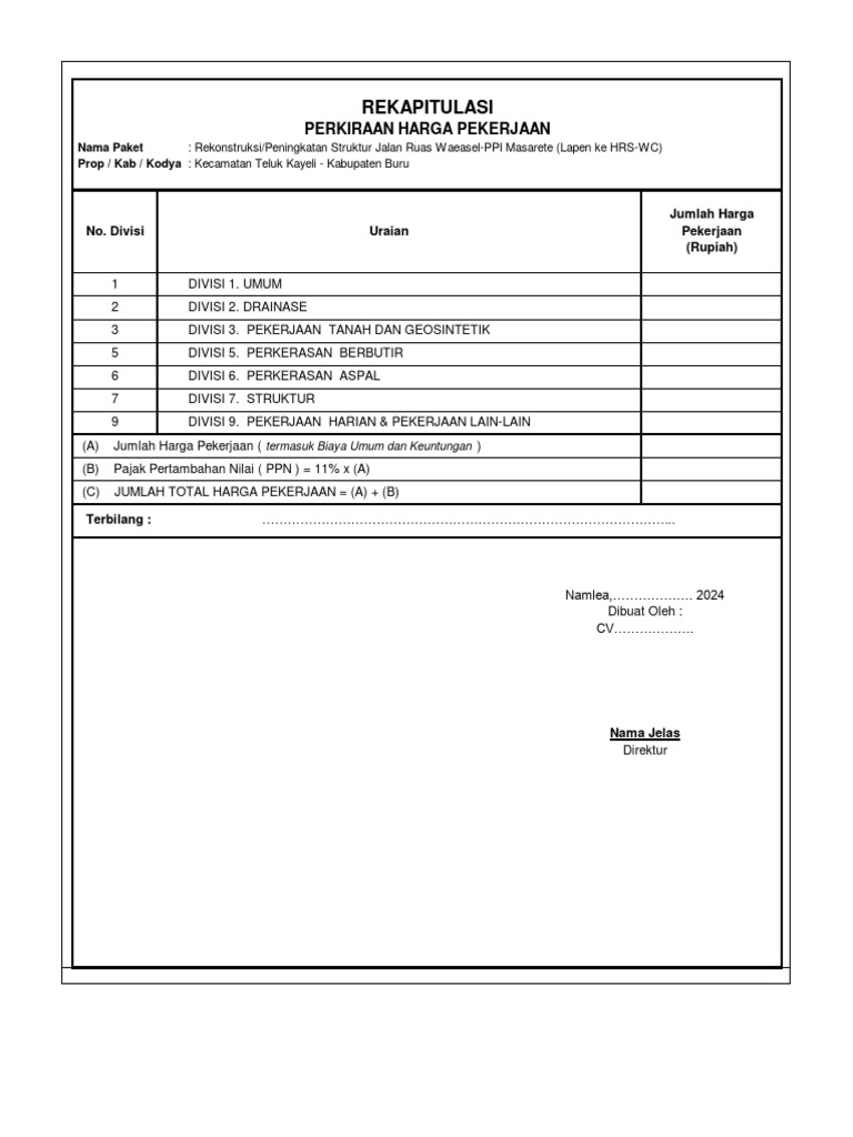 Perkiraan Harga Rekonstruksi Jalan Buru | PDF