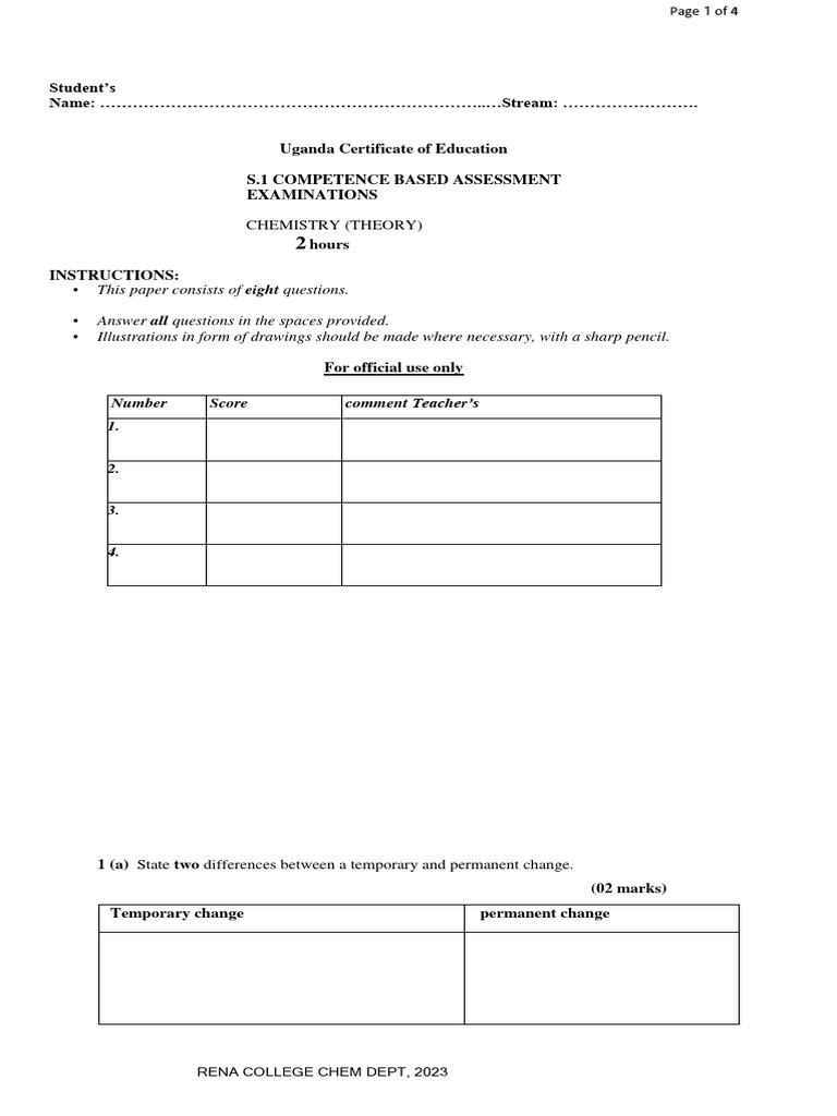 S1 Chemistry Competence Assessment Exam | PDF | Applied And ...