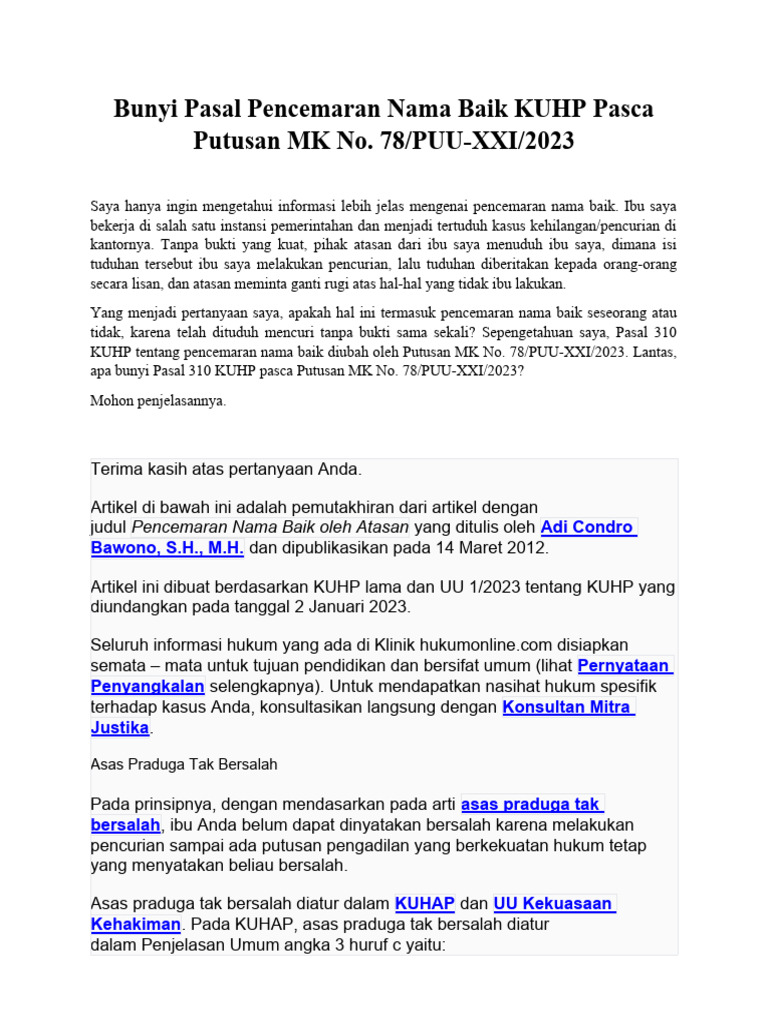 Bunyi Pasal Pencemaran Nama Baik KUHP Pasca Putusan MK No | PDF | Politik | Ilmu Sosial