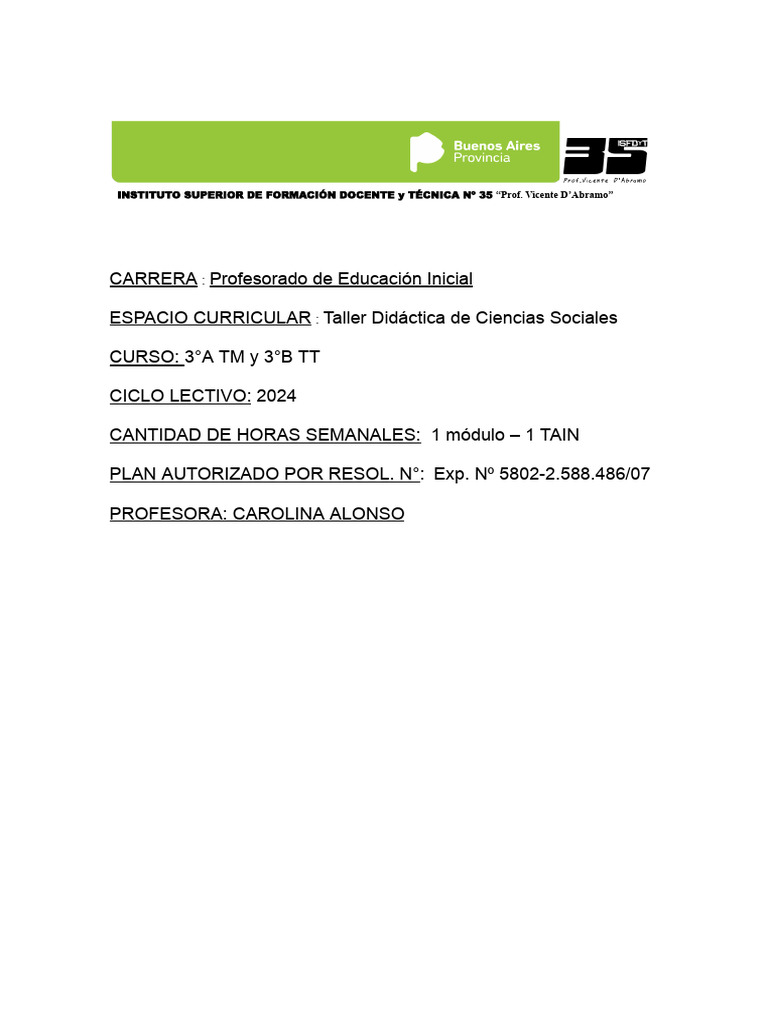Programa Taller Cs Sociales PEI 2024 | PDF | Evaluación | Educación de la primera infancia