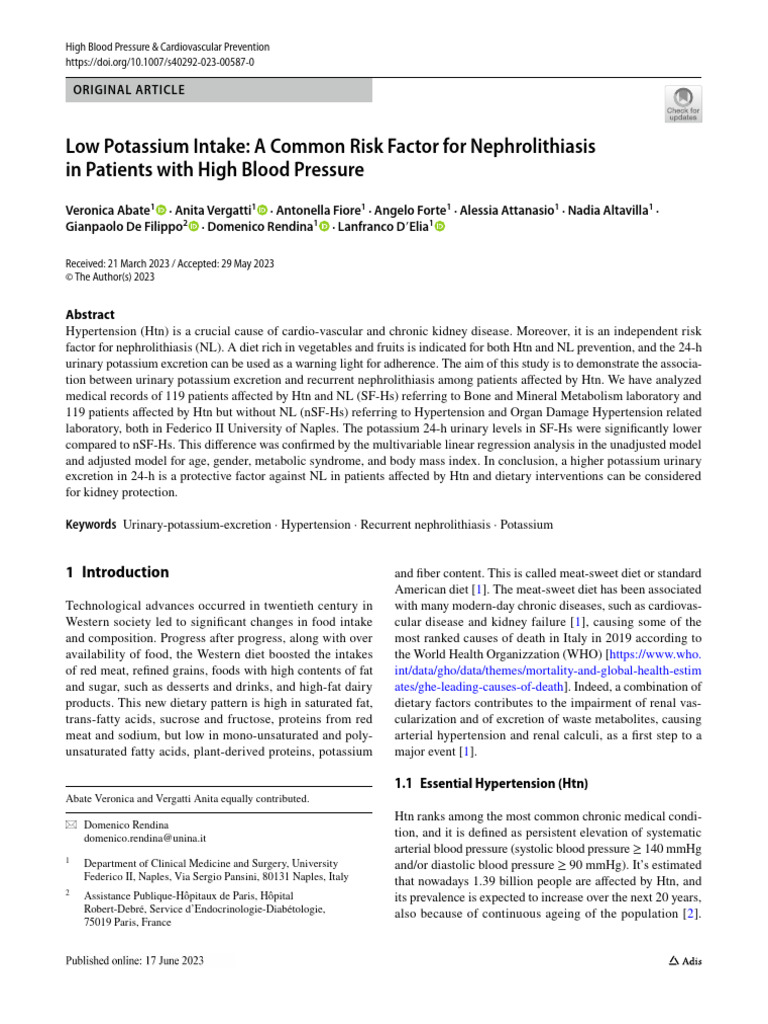 Low Potassium Intake A Common Risk Factor For Neph | PDF | Hypertension ...