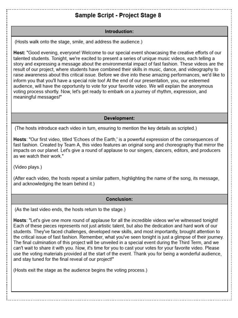 Sample Script - Project Stage 8 | PDF | Entertainment | Performing Arts