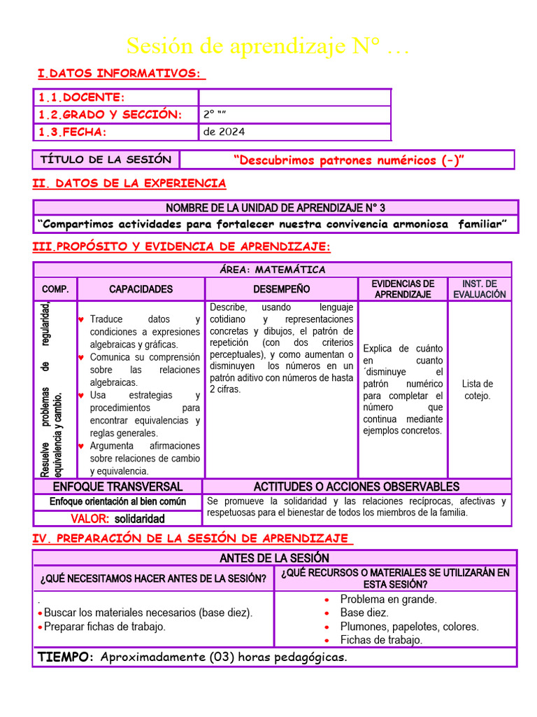 Sesión Mat - Descubrimos Patrones Numéricos (-) 2° | PDF | Aprendizaje
