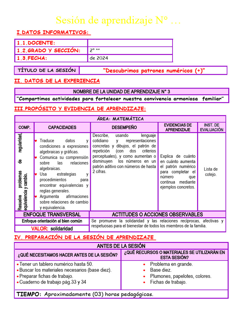 Sesión Mat - Descubrimos Patrones Numéricos (+) 2° | PDF | Aprendizaje