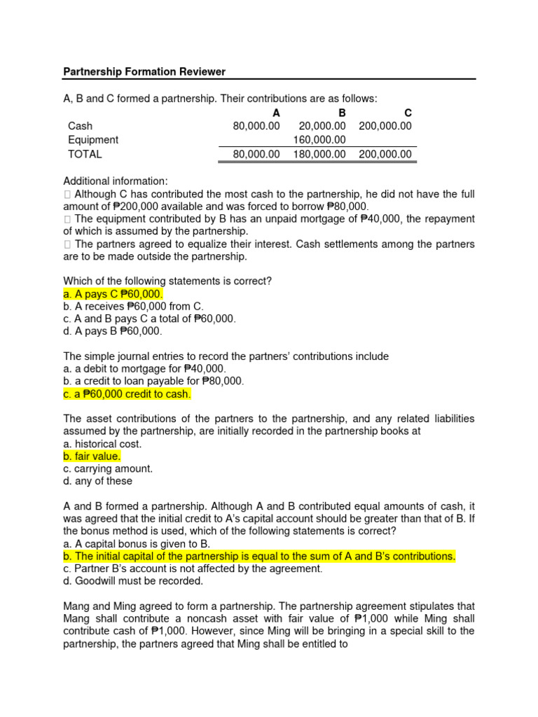 Partnership Formation Reviewer | PDF | Debits And Credits | Partnership
