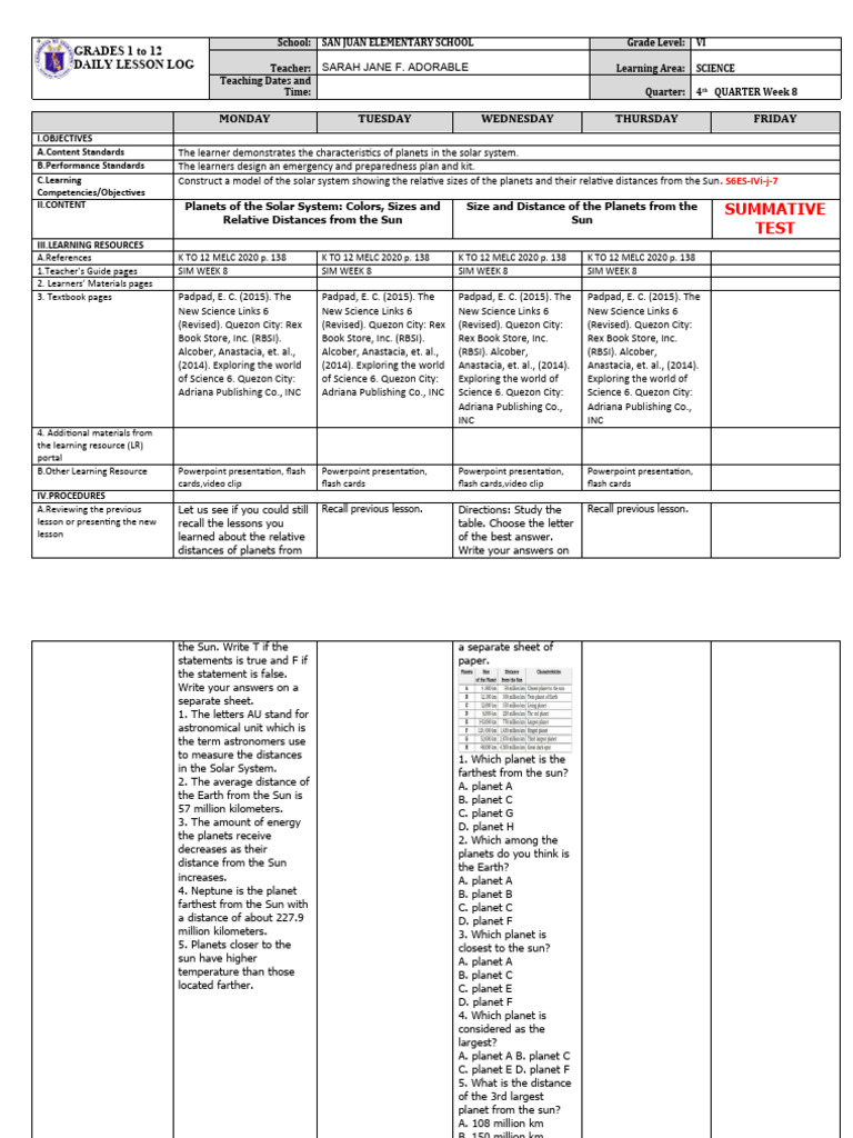 Sci 6 DLL Week 8 q4 | PDF | Planets | Solar System
