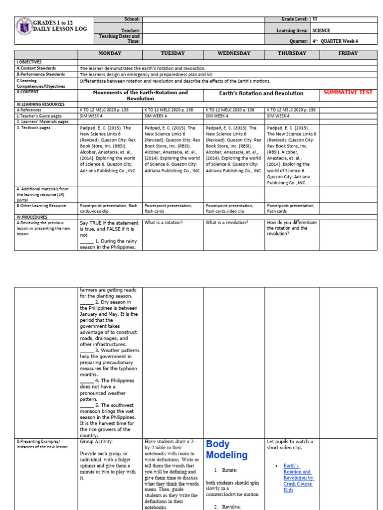 Sci 6 DLL Week 4 q4 | PDF | Rotation | Apsis