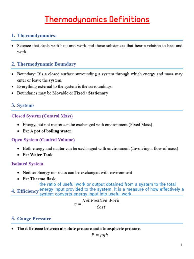 Thermodynamics Definitions Summary Pdf Steam Heat