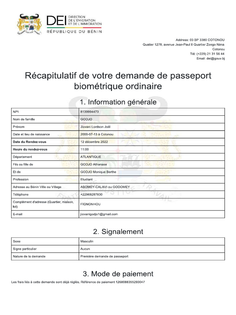 Passeport Fiche RDV | PDF