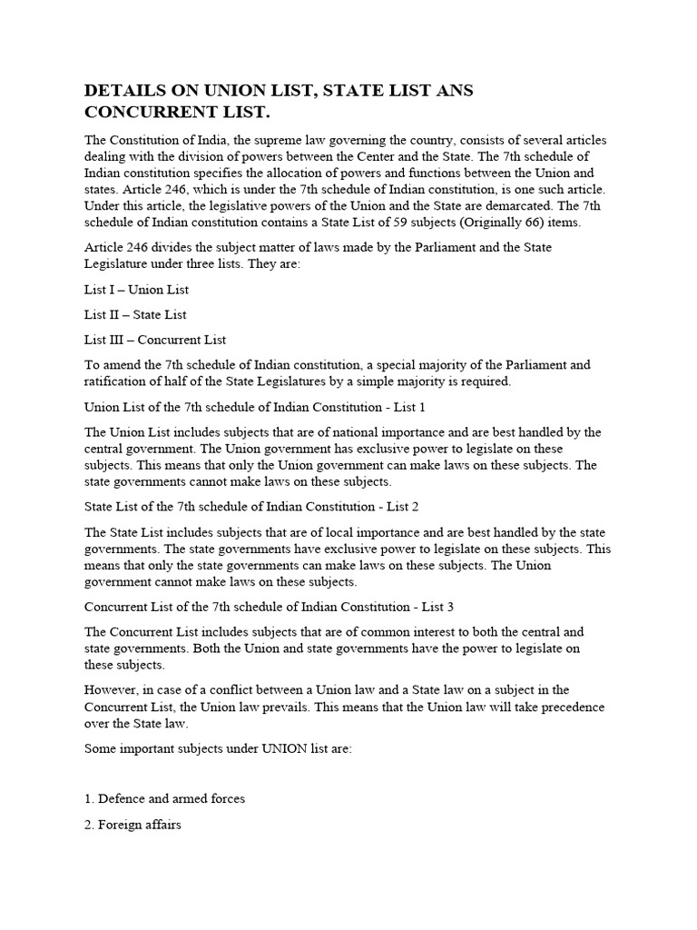Details On Union List | PDF | Government Of India | Constitution