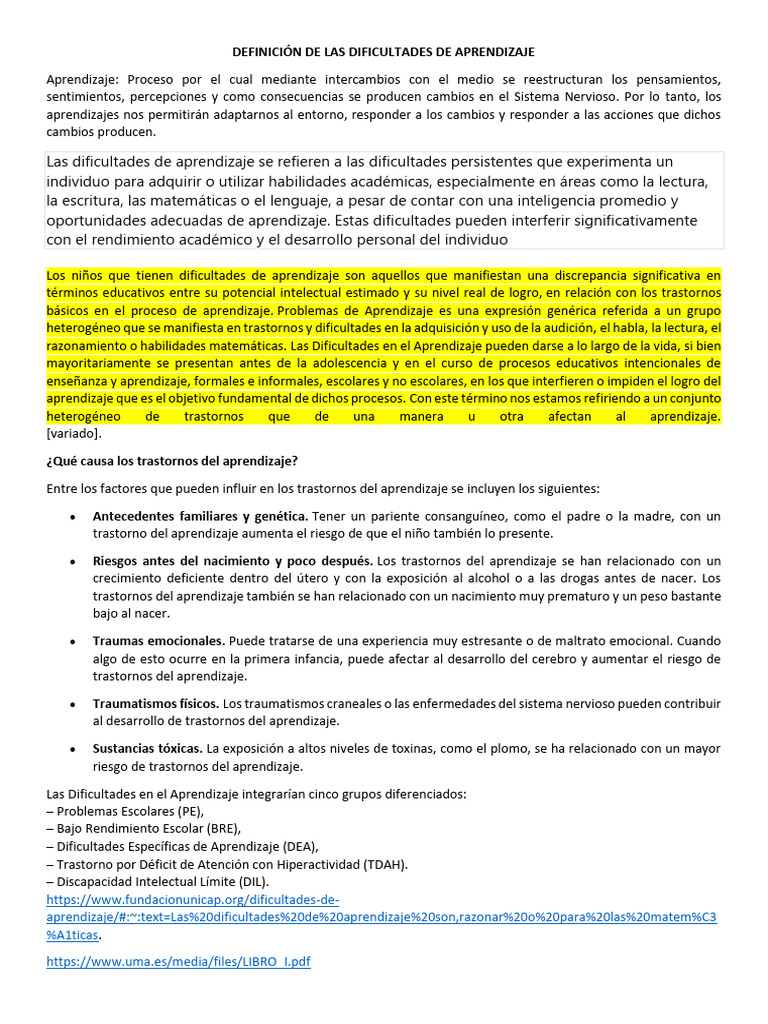 DEFINICIÓN DE LAS DIFICULTADES DE APRENDIZAJE | PDF | Aprendizaje | Discapacidad de aprendizaje