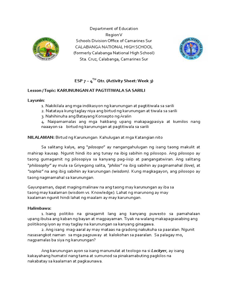 ESP 7 4th Quarter Activity Sheet Week 3 | PDF