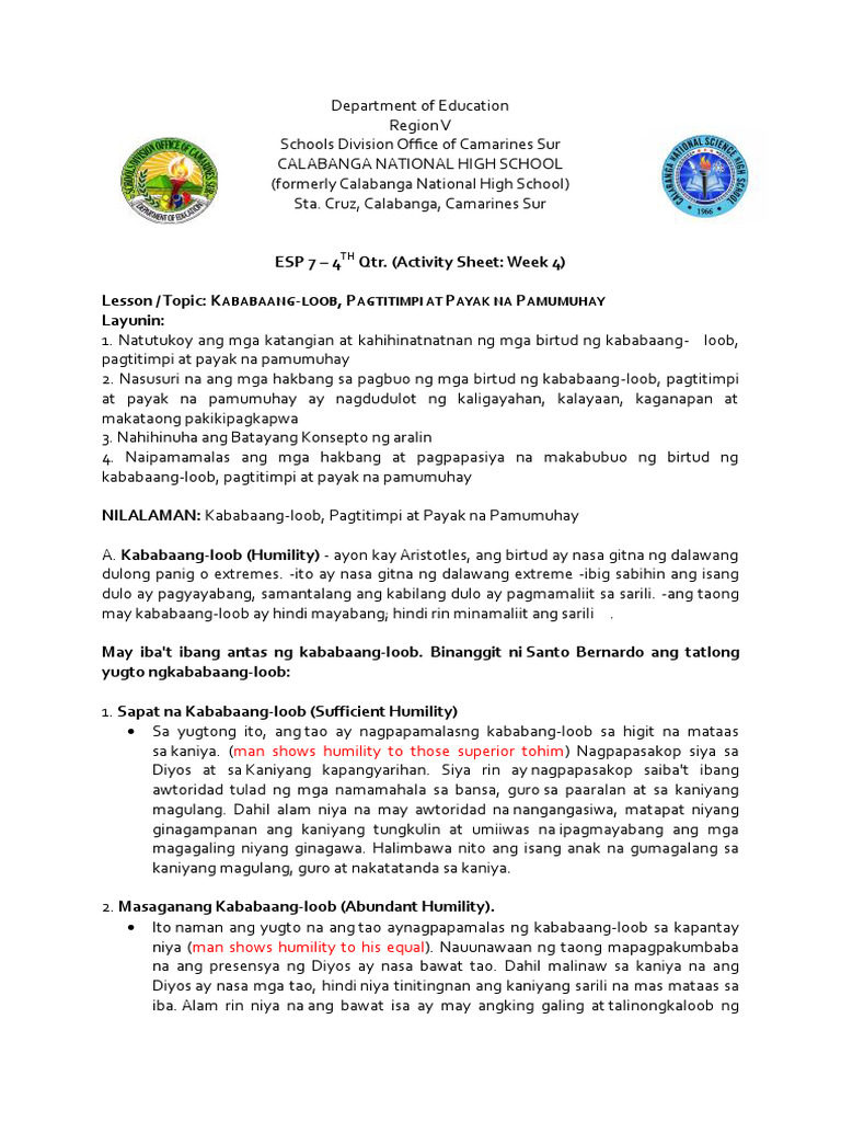 ESP 7 4th Quarter Activity Sheet Week 4 | PDF