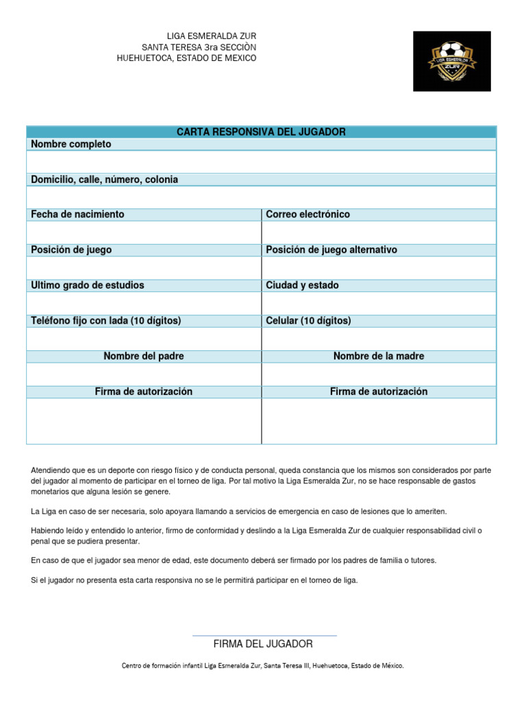 Carta Responsiva Liga Esmerealda Zur - 040607 | PDF