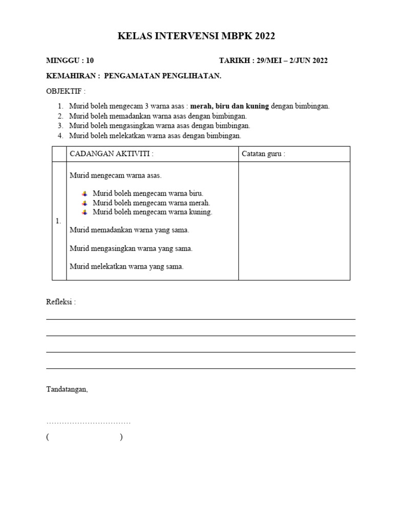 RPH Kelas Intervensi Minggu 11 | PDF