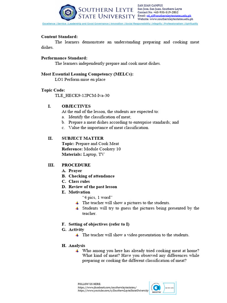 Cookery 10 LESSON PLAN | Download Free PDF | Cooking | Meat