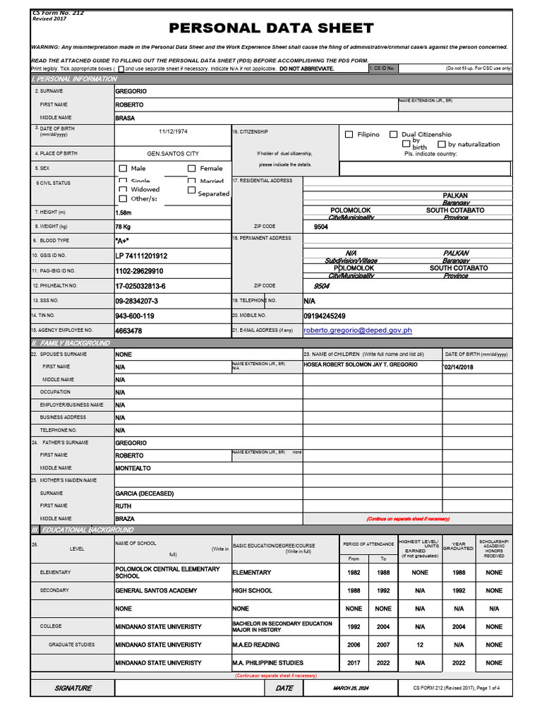 Personal Data Sheet | Download Free PDF | Government