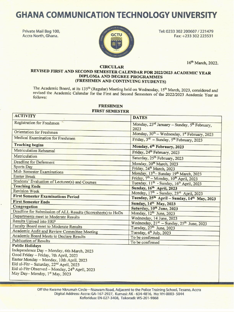 Revised First and Second Semester Calendar for 2022 2023 Academic Year ...