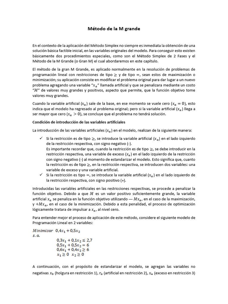 Método de la M Grande en Programación Lineal | PDF | Matemáticas ...