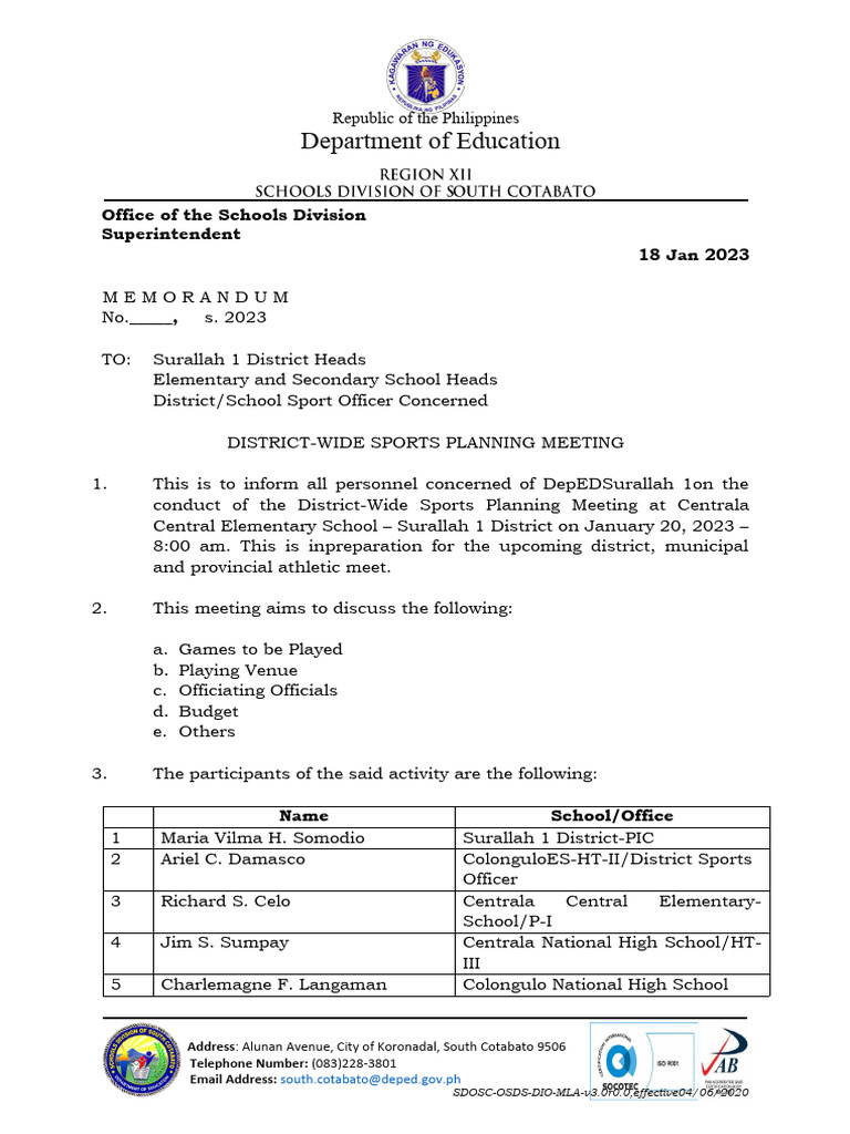 Surallah 1 Memo Sports Meeting | PDF | Information And Communications ...