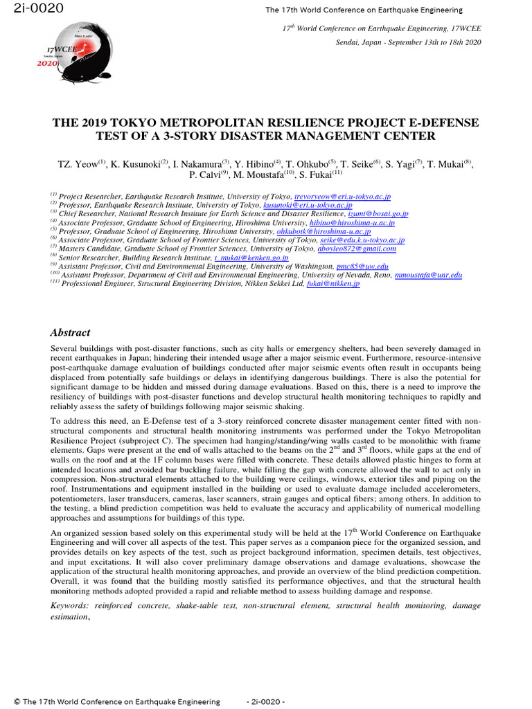 The 2019 Tokyo Metropolitan Resilience Project E-Defense Test of A 3 ...