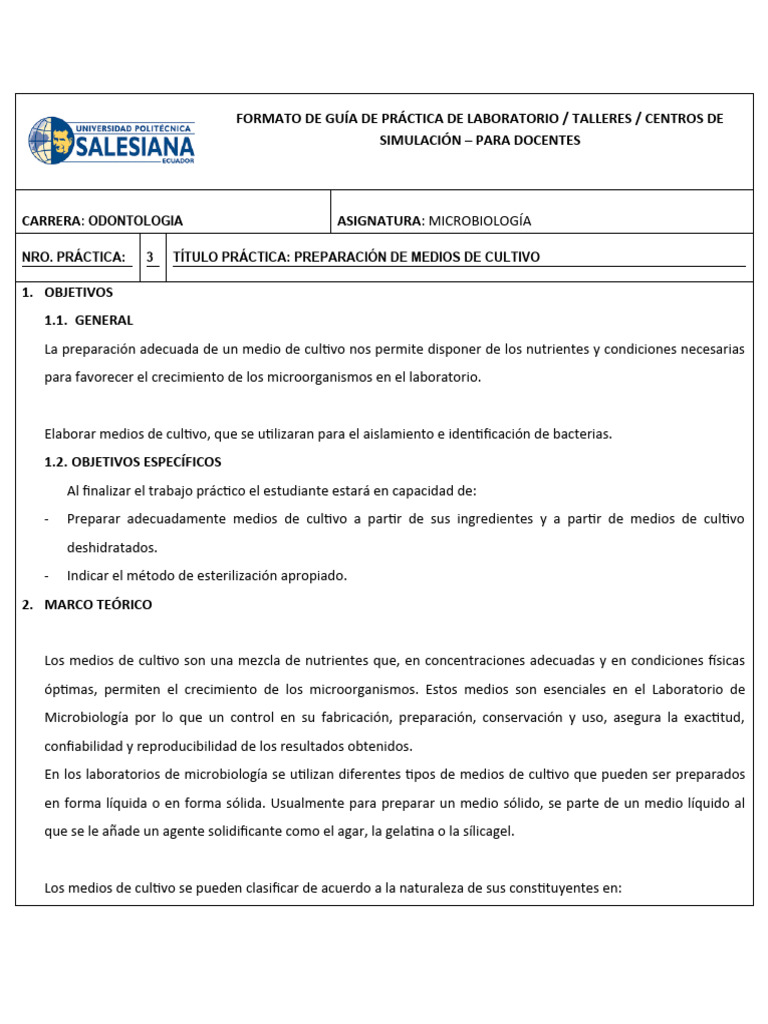 3 GUÍA DE PRÁCTICA DE LABORATORIO - Docx PMC | PDF | Medio de crecimiento | Laboratorios