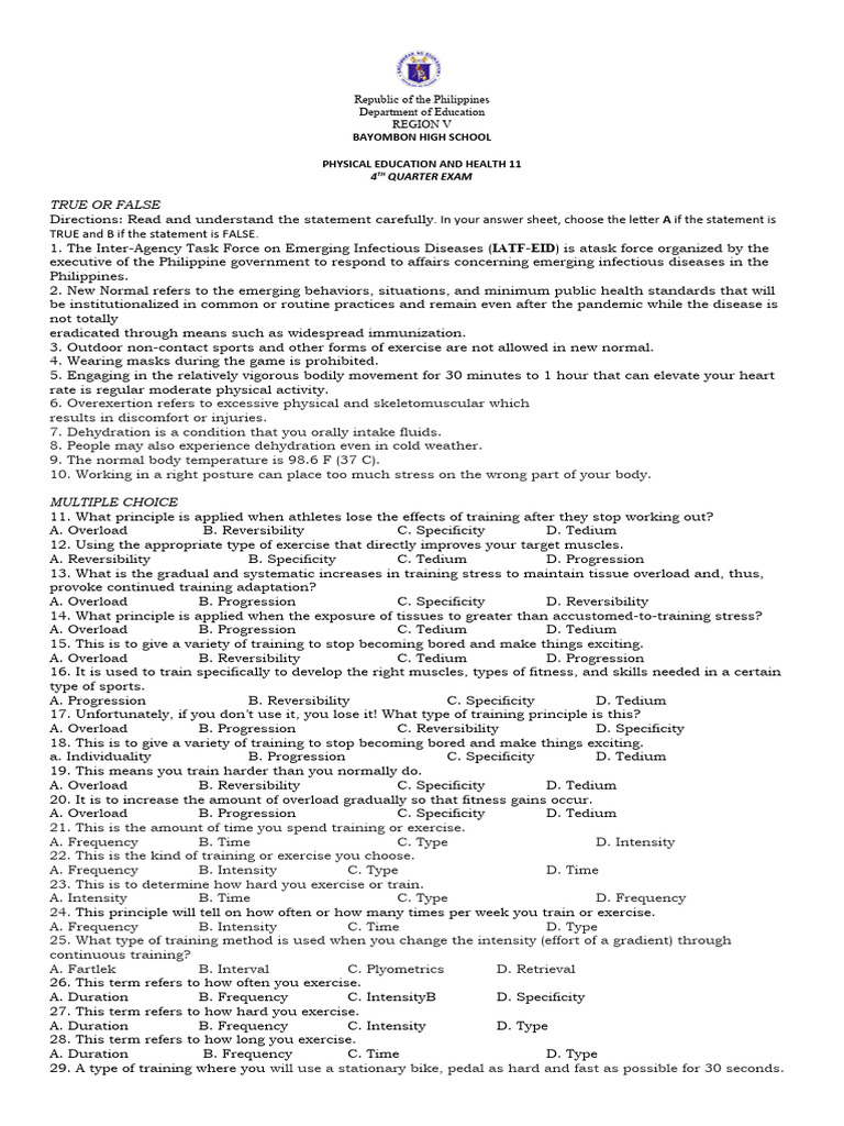 4TH Quarter Exam in Pe 11 | PDF | Dehydration | Hypothermia
