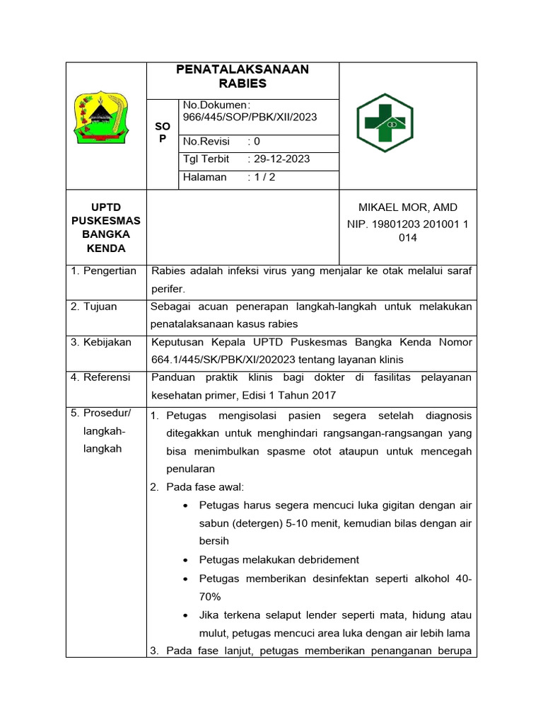 Sop Penatalaksanaan Rabies | PDF