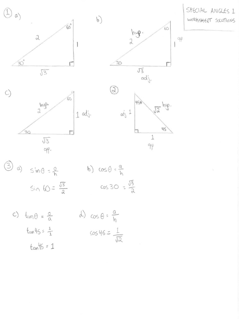 Special Angles 1 Worksheet SOLUTIONS | PDF