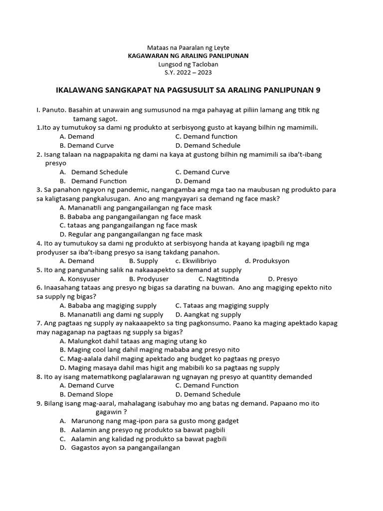 AP9 Q2 Sangkapat Na Pagsusulit Sy2023 | PDF