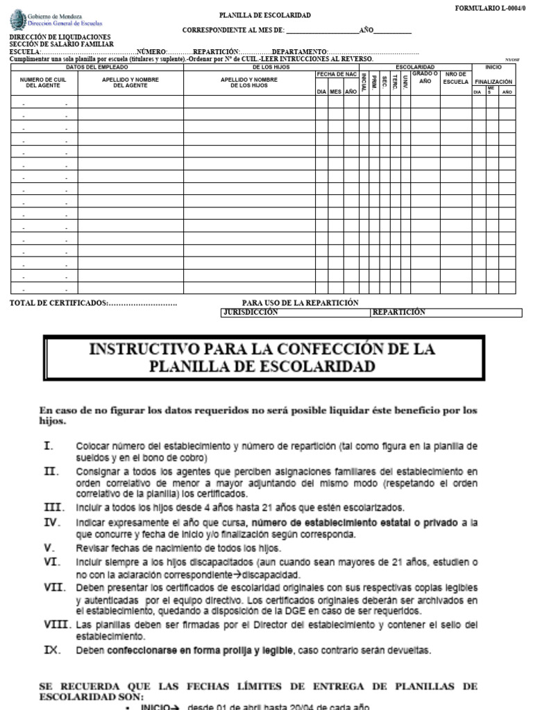 Planilla Escolaridad e Instructivo Confeccion | PDF